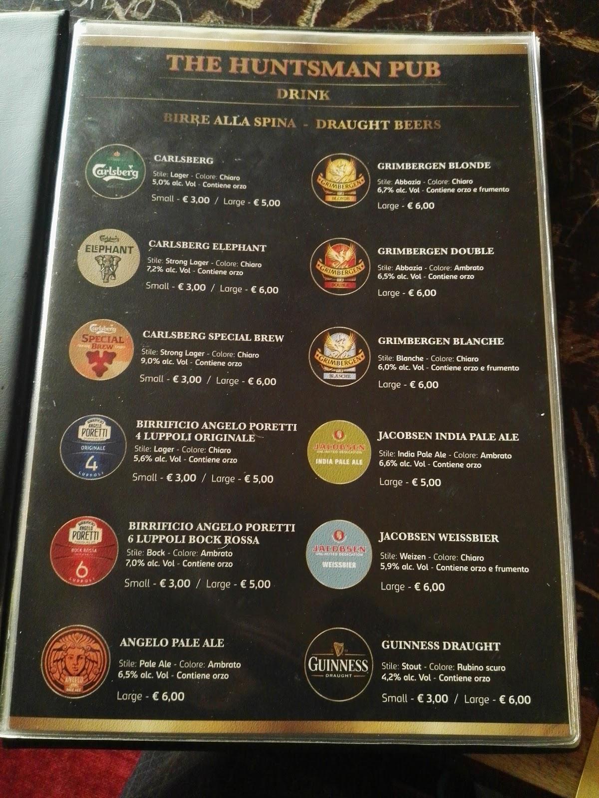 Menu at Huntsman Pub, Turin