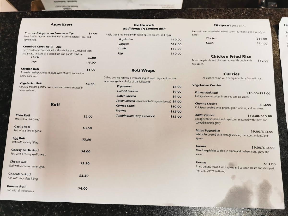 Menu at Roti Variety restaurant, Wellington