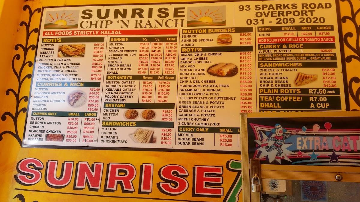 Menu at Sunrise Chip N Ranch, Overport, Durban restaurant, Durban, 93 ...