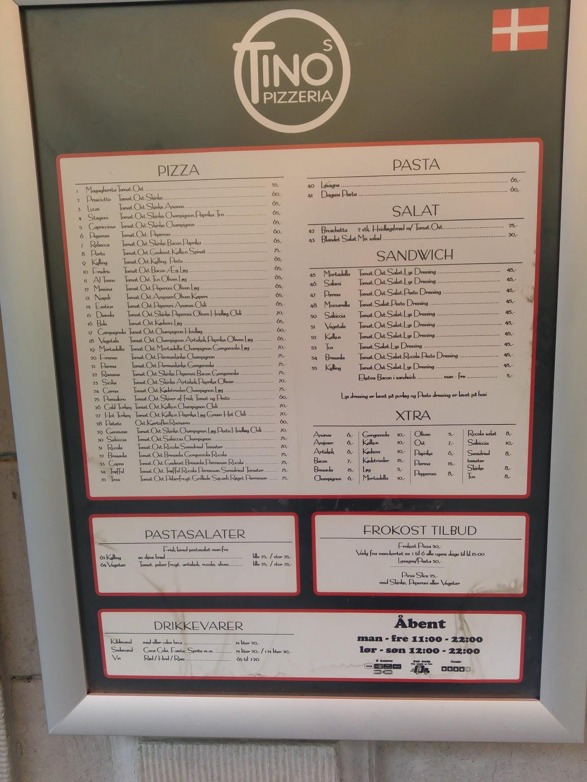 Speisekarte von Tino's Pizzeria, Kopenhagen