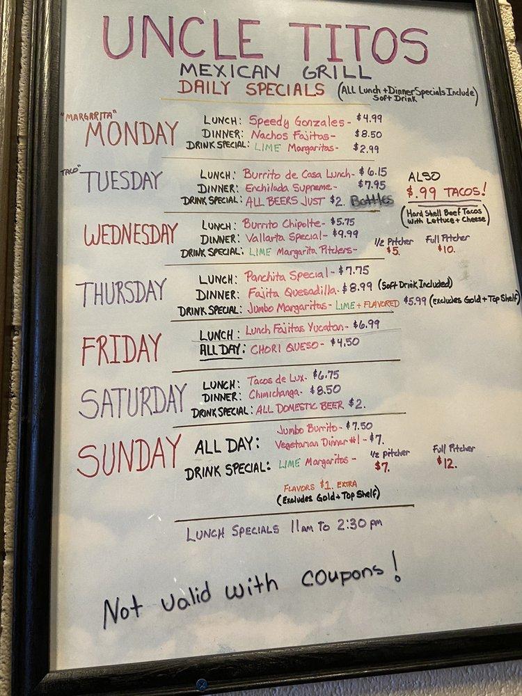 Menu at Uncle Tito's Mexican Grill restaurant, Akron, E Waterloo Rd