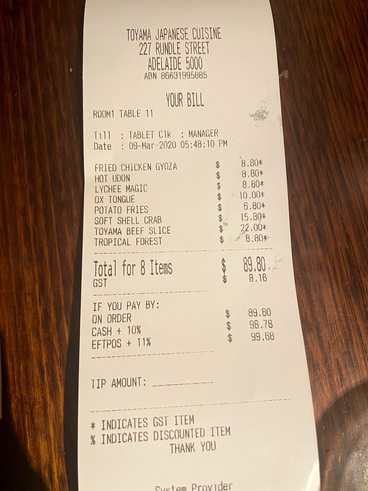Menu at Toyama Japanese Cuisine restaurant, Adelaide
