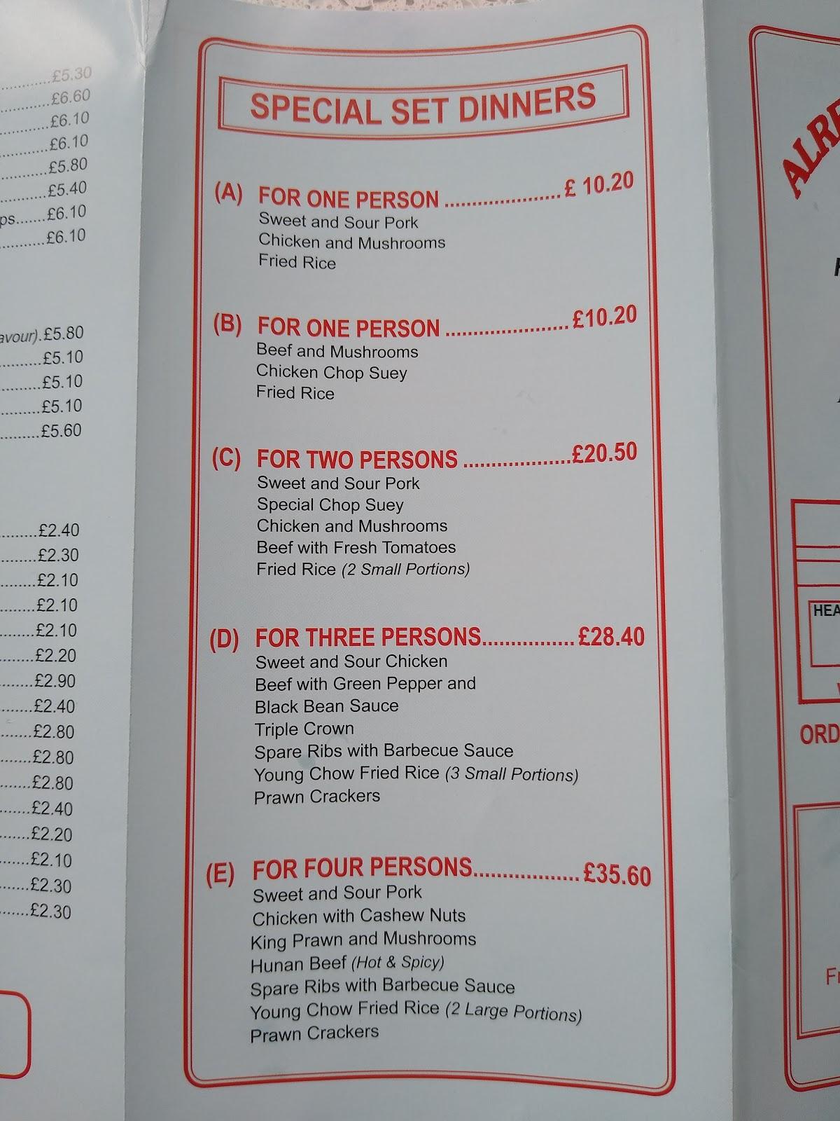 Menu at Alrewas Cantonese fast food, Barton-under-Needwood
