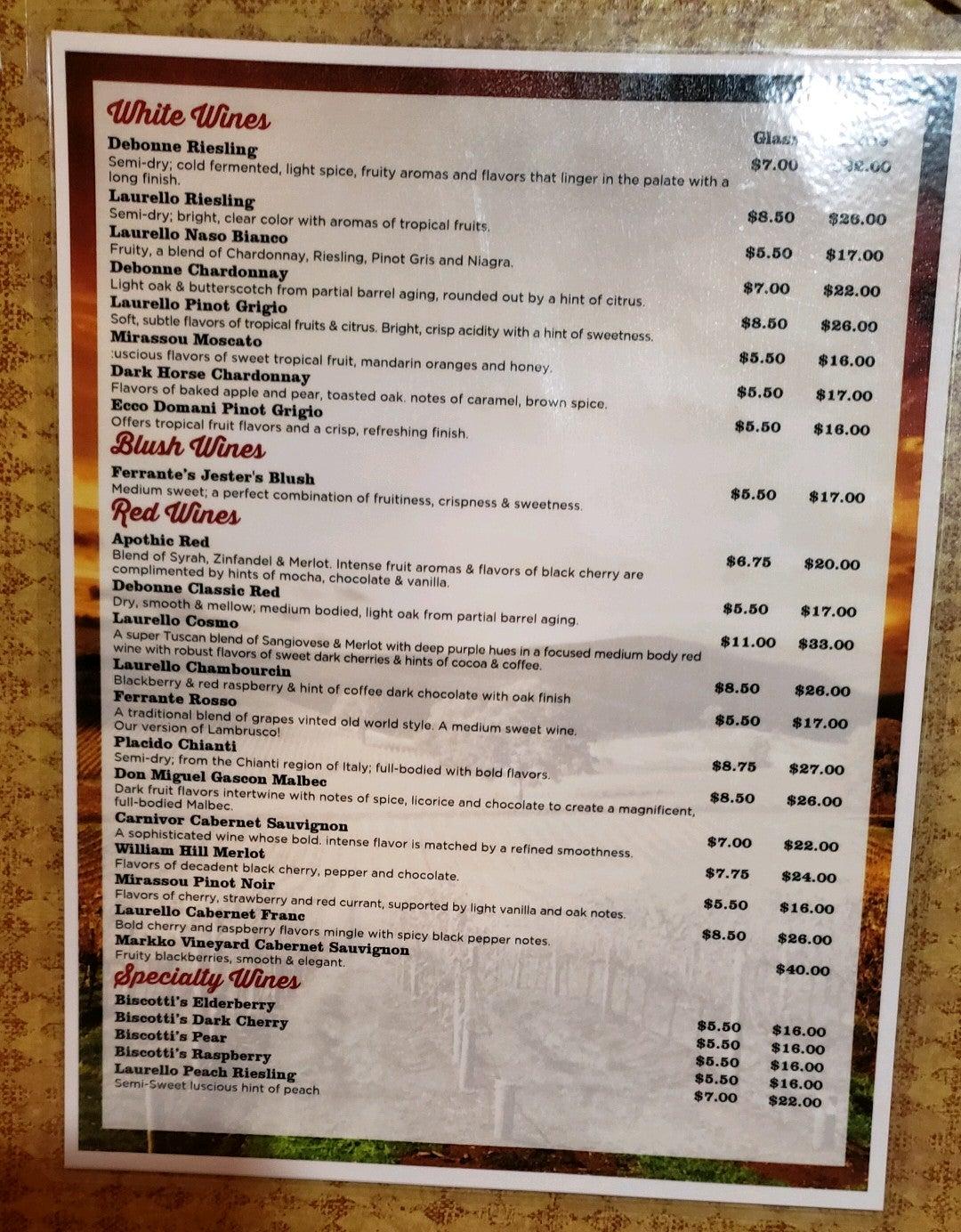 Menu at Biscotti's Restaurant, Conneaut