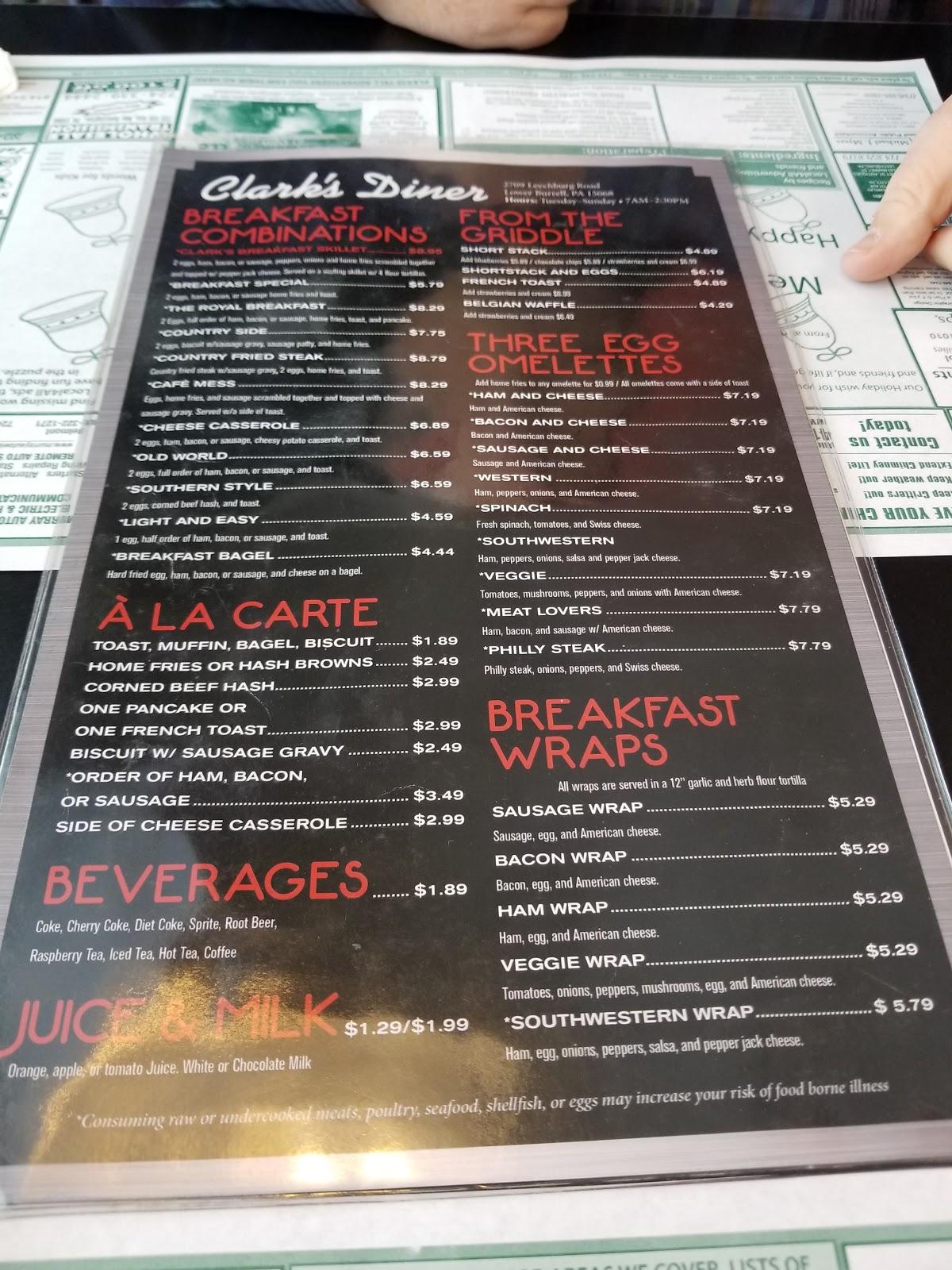 Menu at Clark's Diner restaurant, Lower Burrell, Leechburg Rd