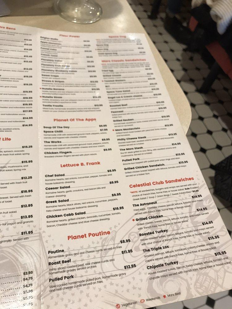Menu at Mars Diner restaurant, Toronto