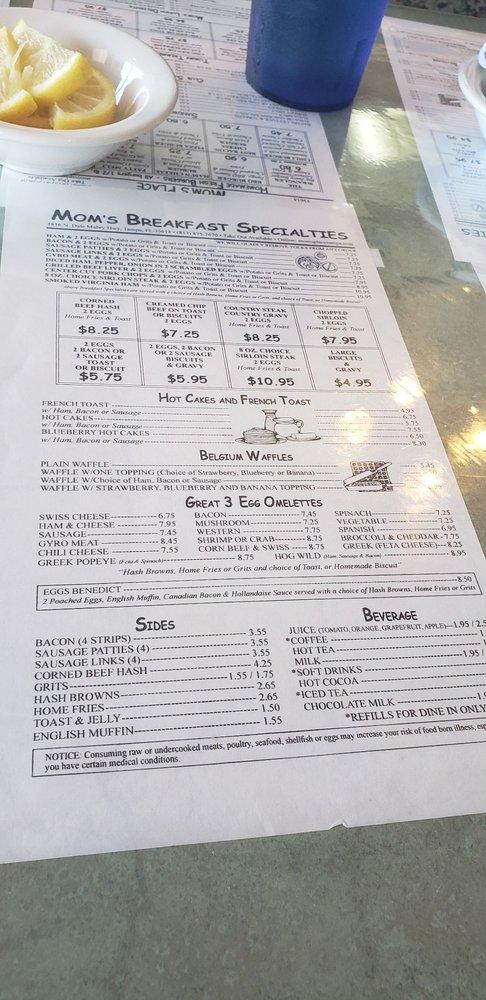 Menu at Mom's Place Restaurant, Tampa