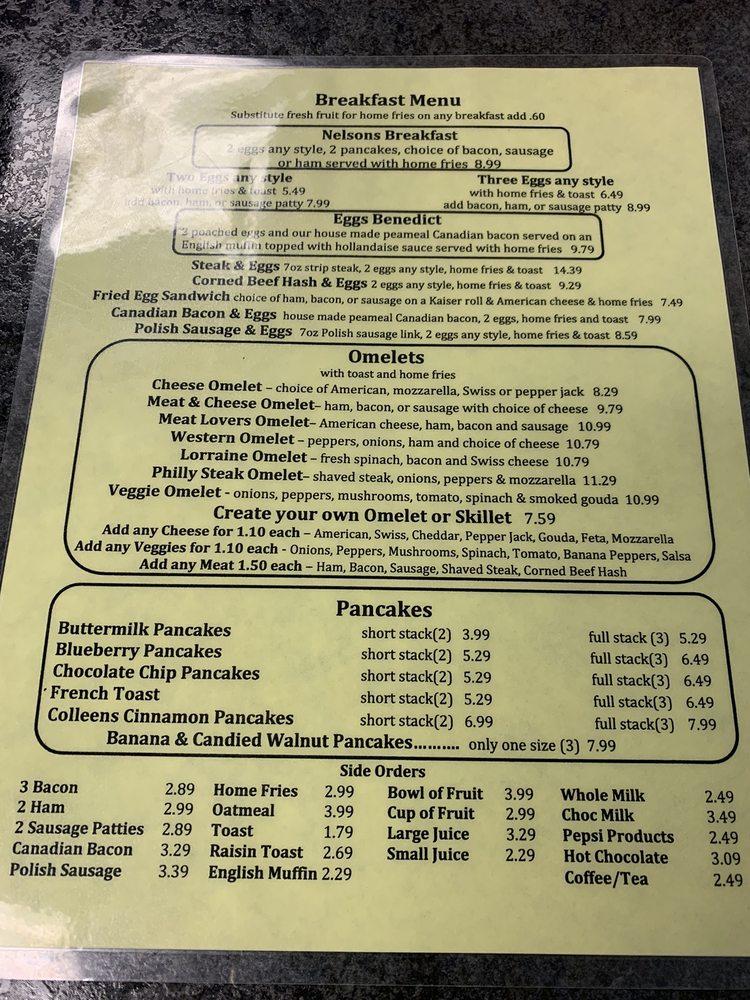 Menu at Nelsons Cafe, Niagara Falls