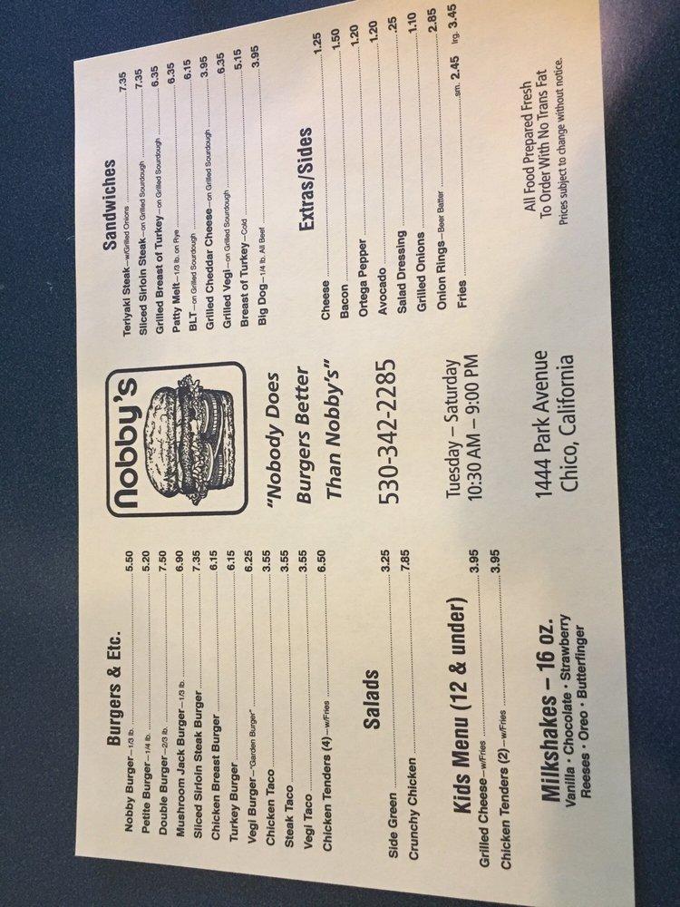 Menu at Nobby's restaurant, Chico