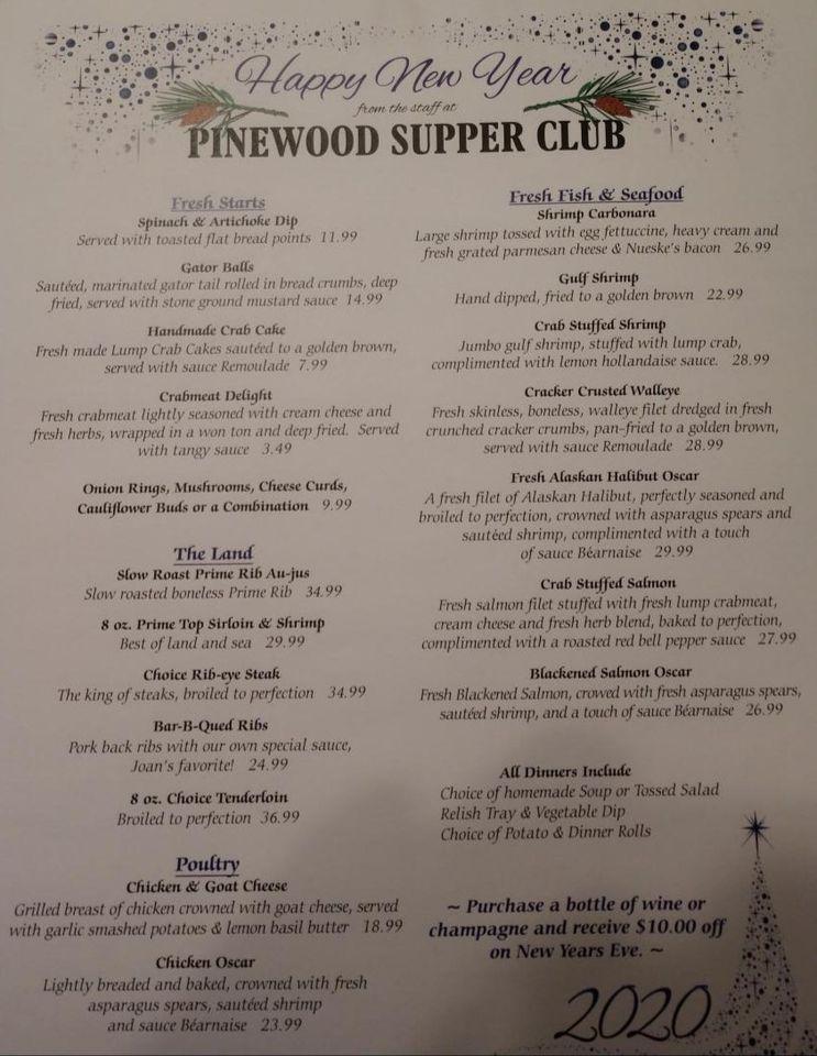 Menu at Pinewood Supper Club, Mosinee