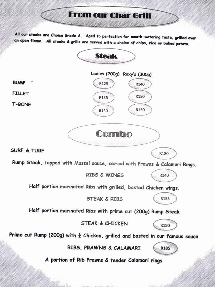 Menu at Roxy's Diner pub & bar, Bronkhorstspruit