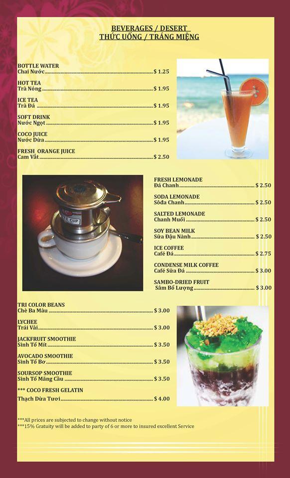 Menu at Thanh Phuong restaurant, Pearland