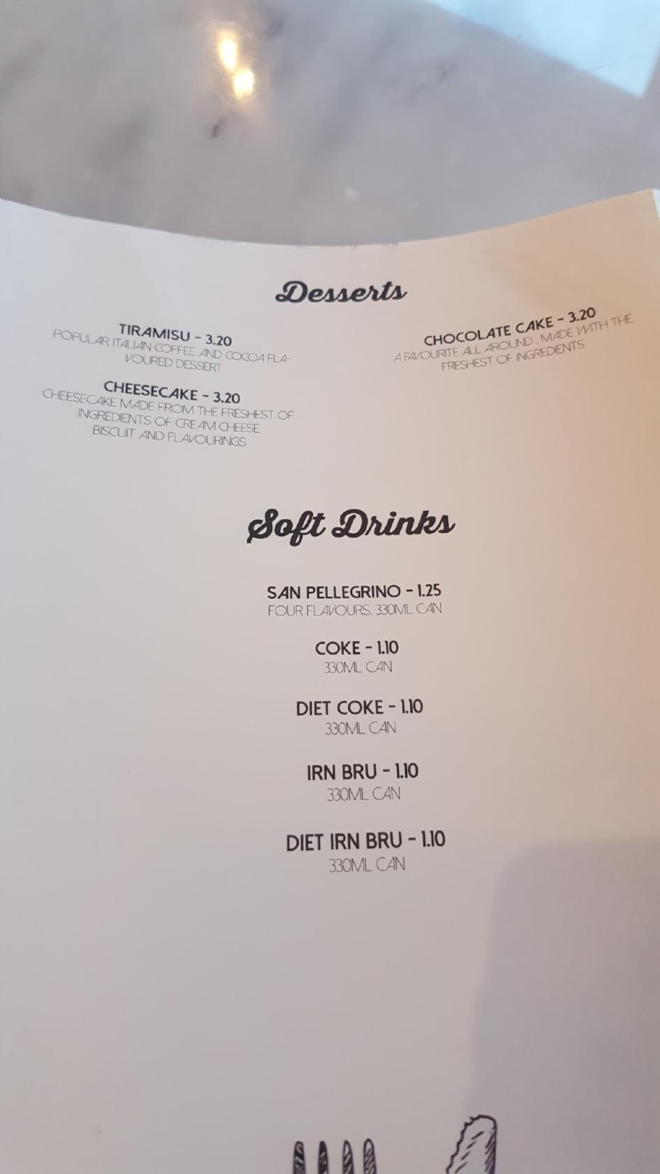 Menu at Trattoria Genova restaurant, Paisley
