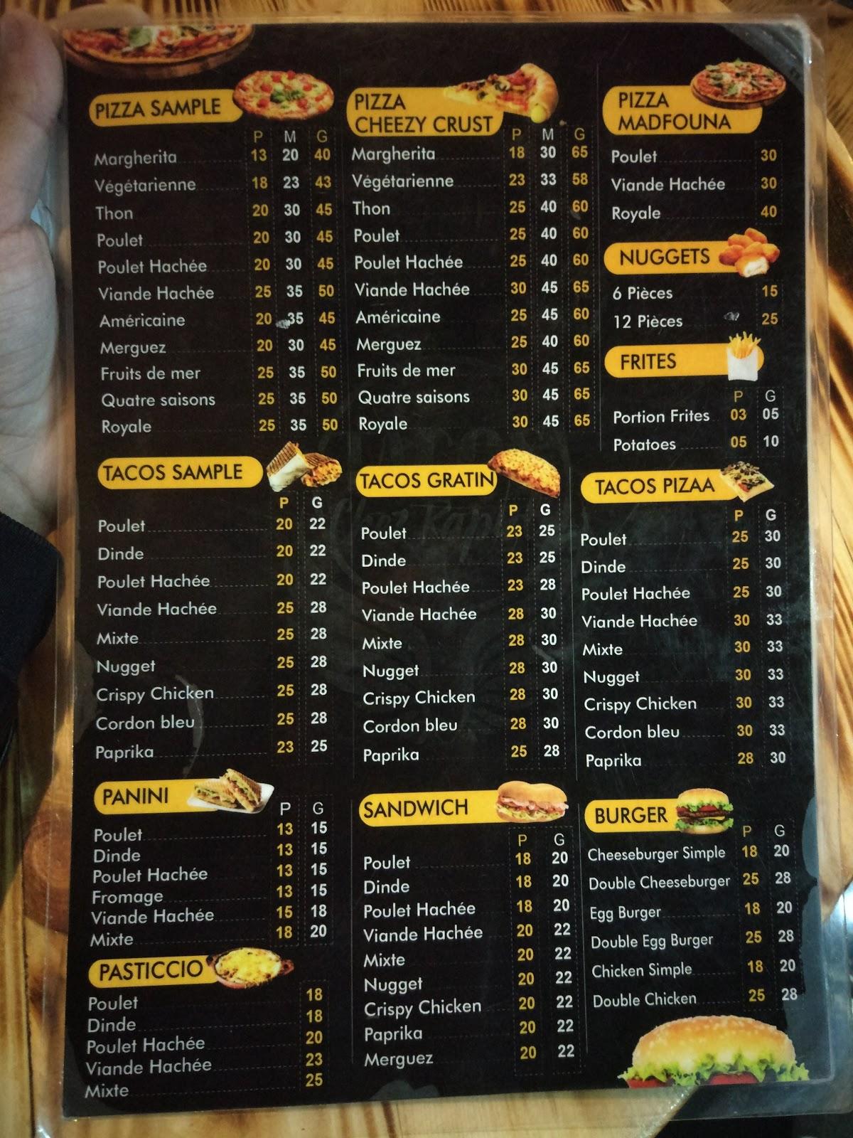 Menu at Chez Rapido restaurant, Salé