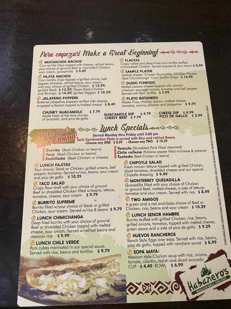 Menu at Habanero's Mexican Grill and Bar, Bradenton
