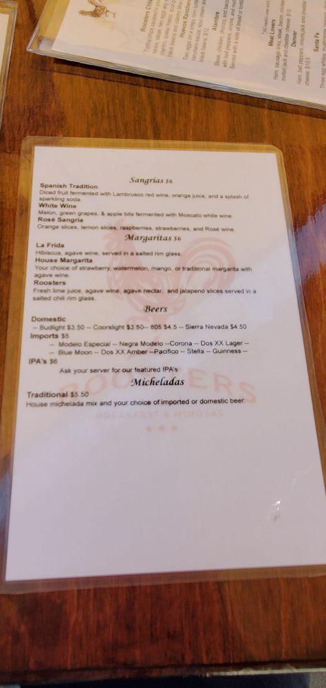 Menu at Roosters Breakfast and Mimosas restaurant, Sacramento