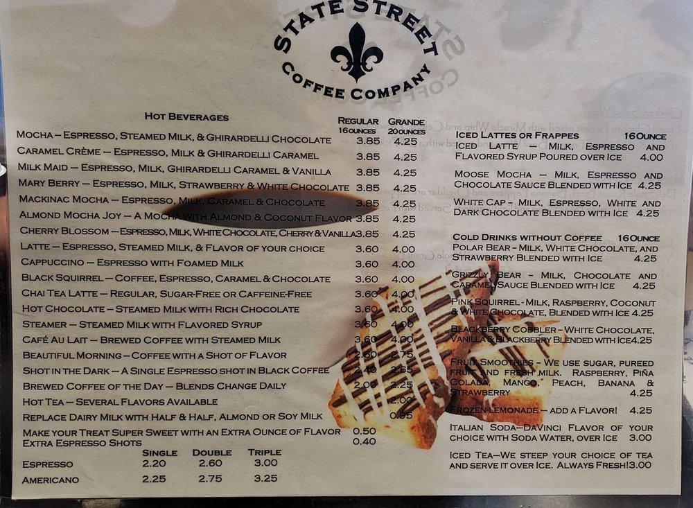 Menu at State Street Coffee Company cafe, Cheboygan