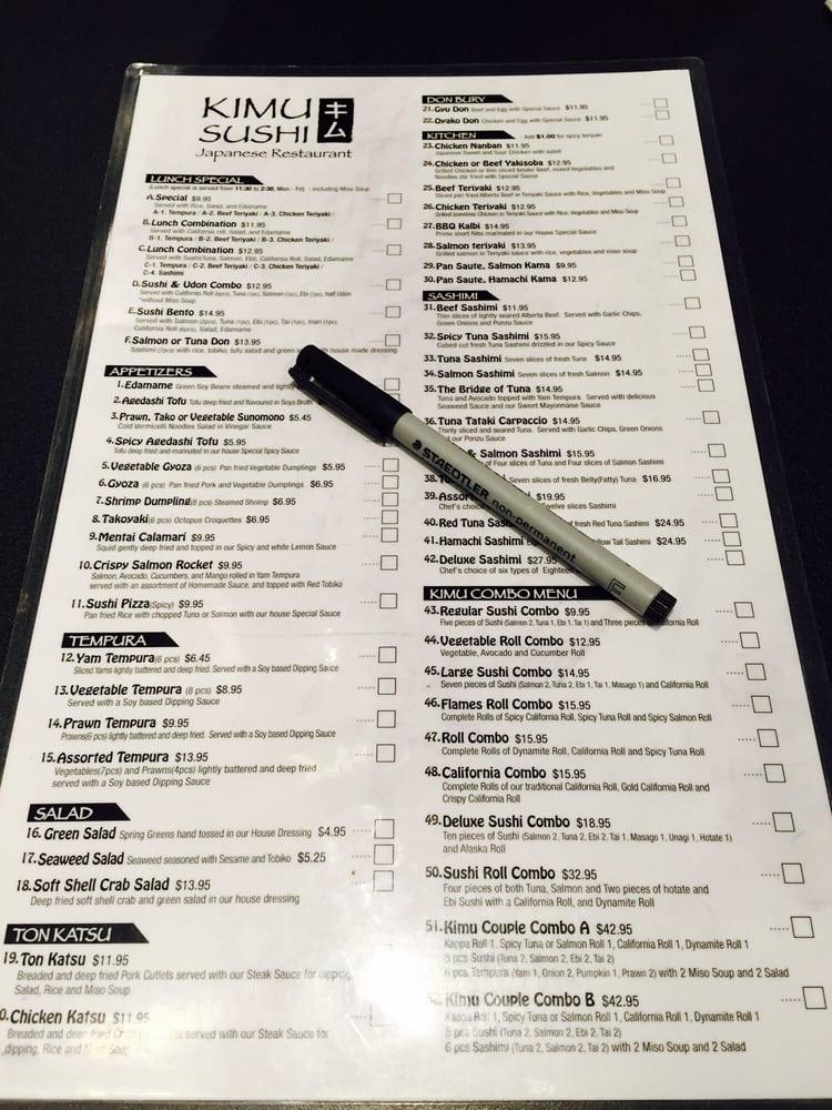 Menu at Sushi Kimu restaurant, Calgary