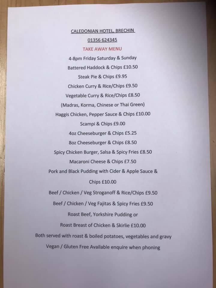 Menu at The Caledonian restaurant, Brechin