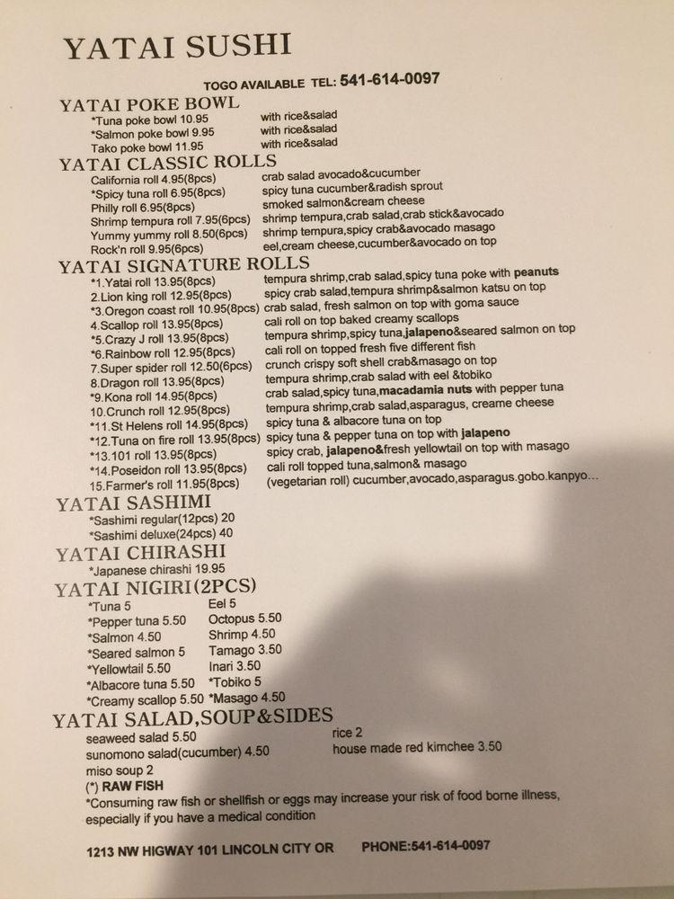 Menu at Yatai sushi restaurant, Lincoln City