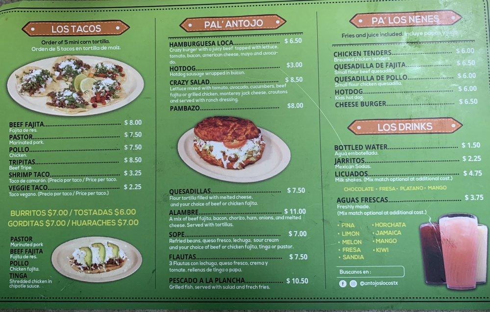 Menu at Antojos Locos restaurant, Houston