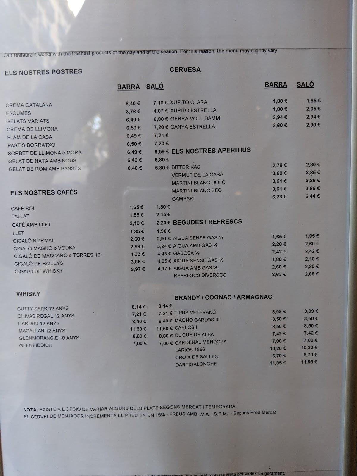 Menu at Cal Pep pub & bar, Barcelona, Plaça de les Olles