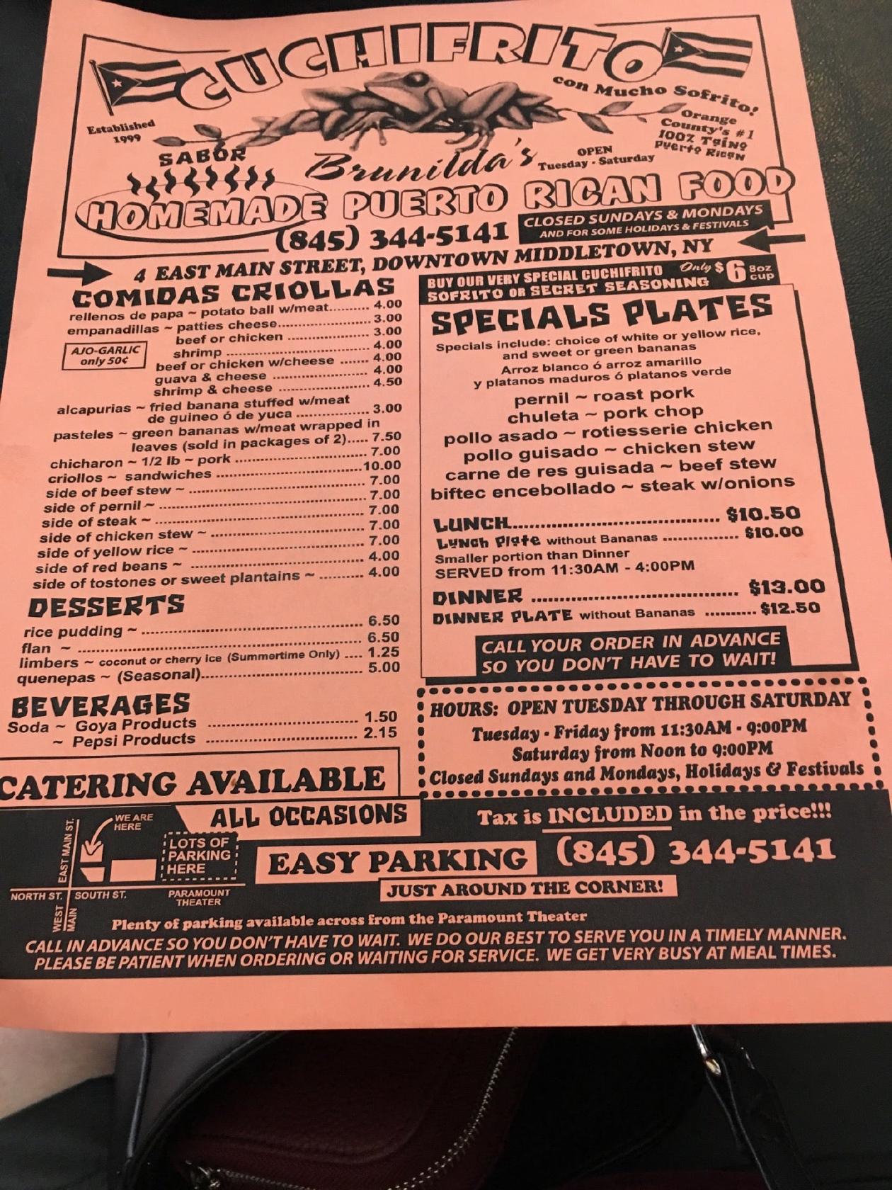 Menu at Cuchifrito restaurant, Middletown
