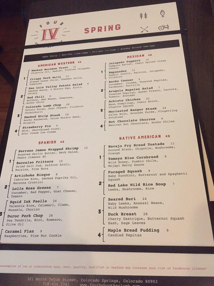 Menu at Four by Brother Luck pub & bar, Colorado Springs, 321 N Tejon St