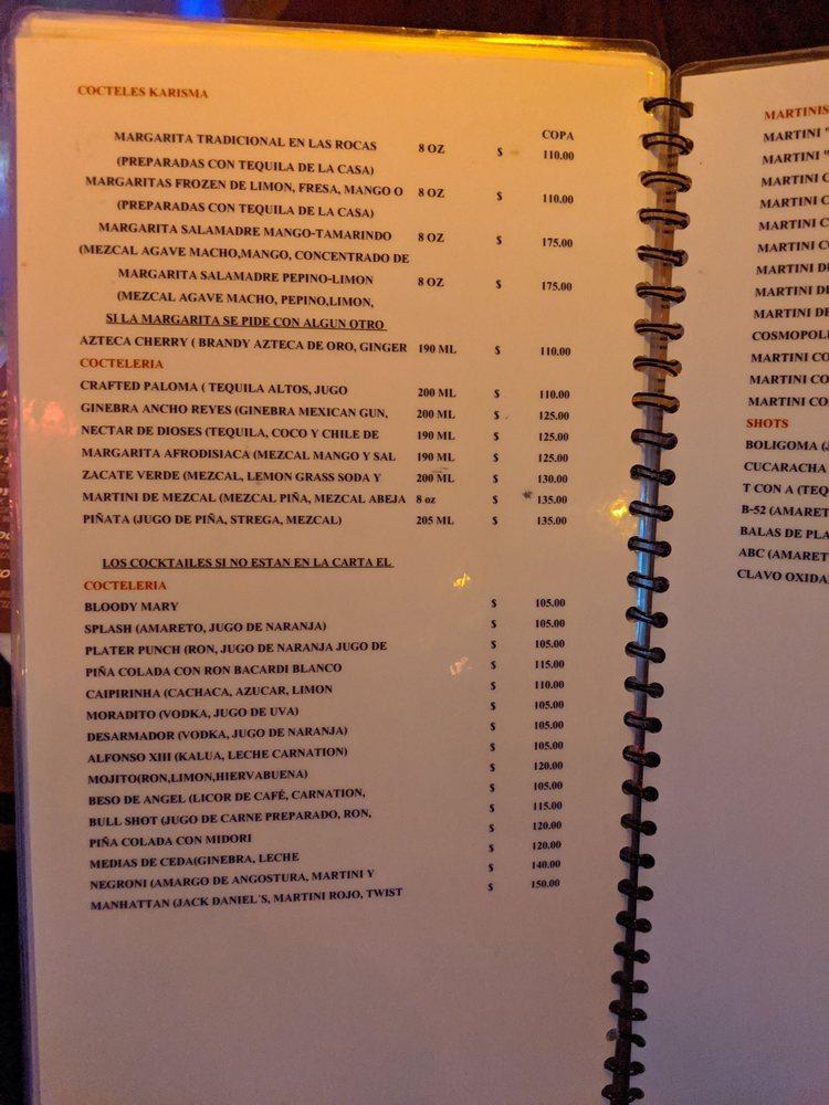 Carta del pub y bar KARISMA, Ciudad del México, Campos Elíseos 219