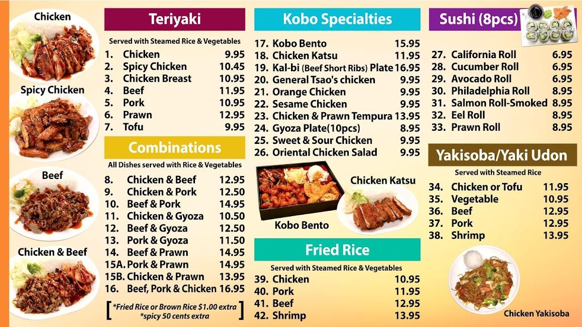 Menu at Kobo Teriyaki restaurant, Chehalis