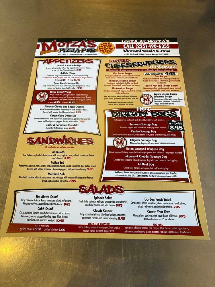Menu at Motza's Pizza Pub, Baton Rouge