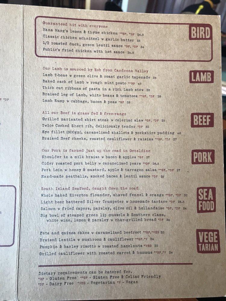 Menu at Public Kitchen and Bar, Queenstown