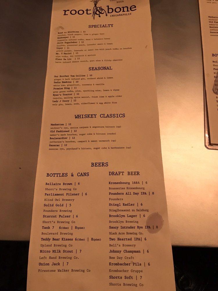 Menu at Root & Bone - Indianapolis restaurant, Indianapolis