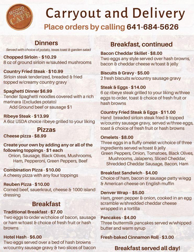 Menu at Second Street Cafe, Ottumwa