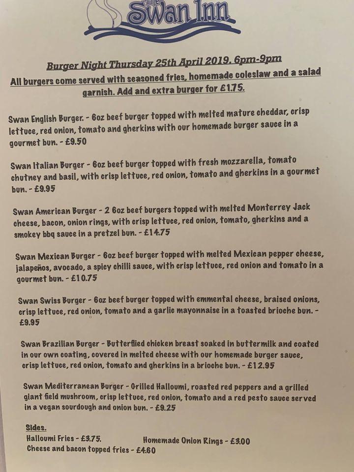 Menu at The Swan Inn pub & bar, Seaton, Main St