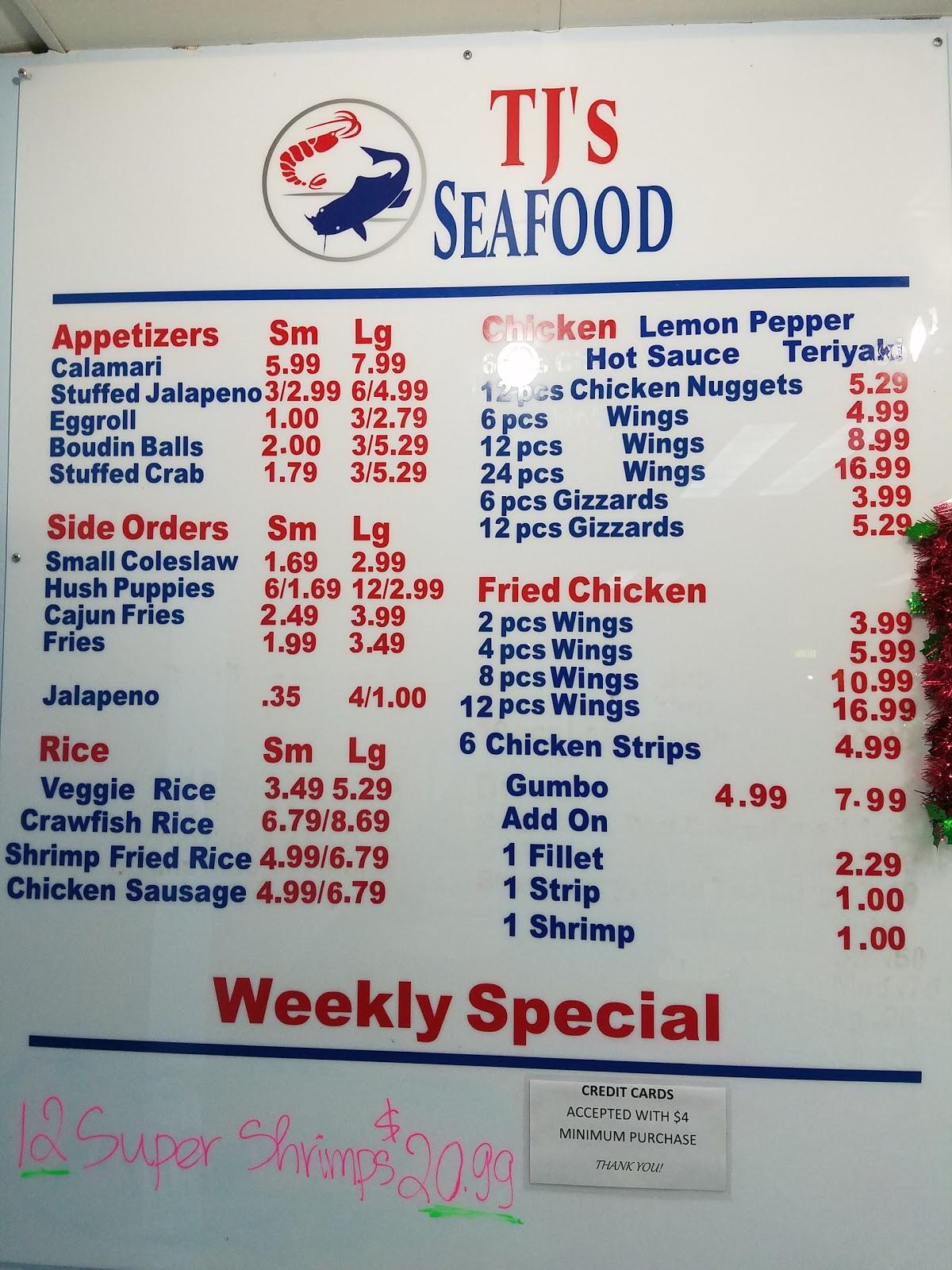 Menu at T J's Seafood restaurant, Austin, Cameron Rd