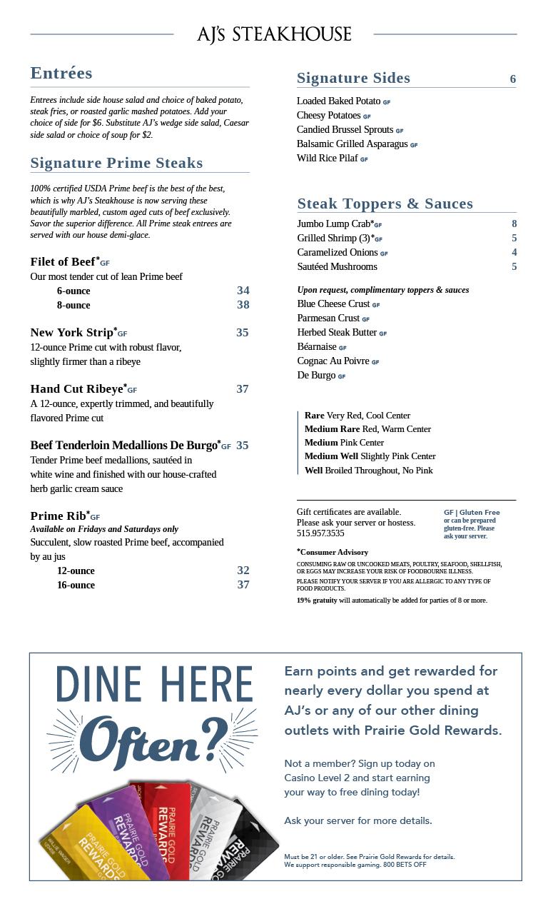 Menu at AJ's Steakhouse, Altoona