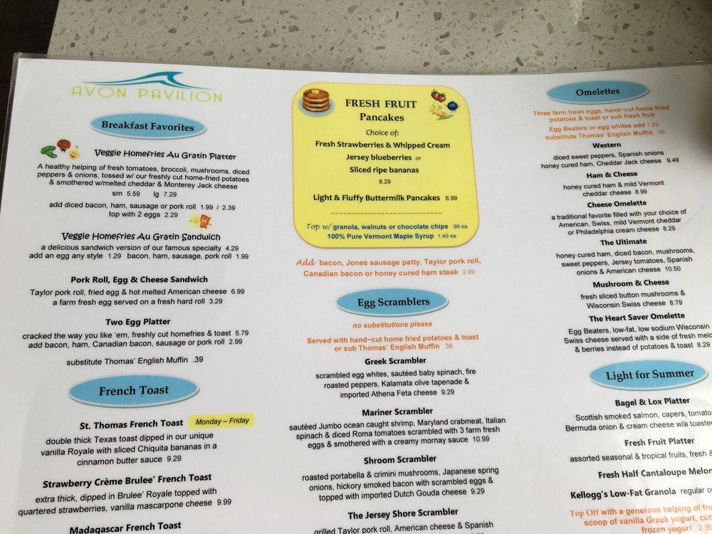 Menu at Avon Pavilion restaurant, Avon-by-the-Sea