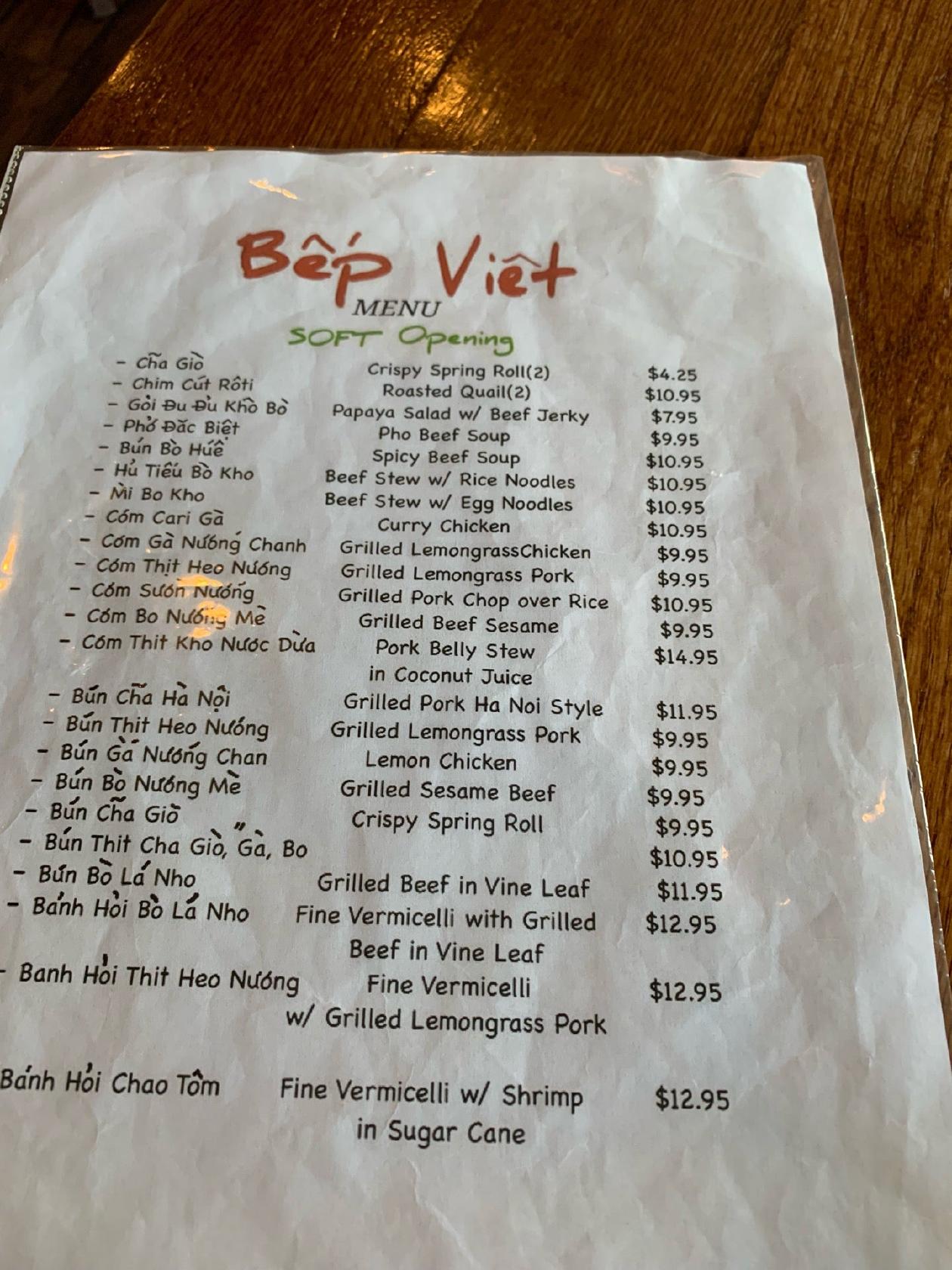 Menu at Bep Viet Restaurant, Falls Church