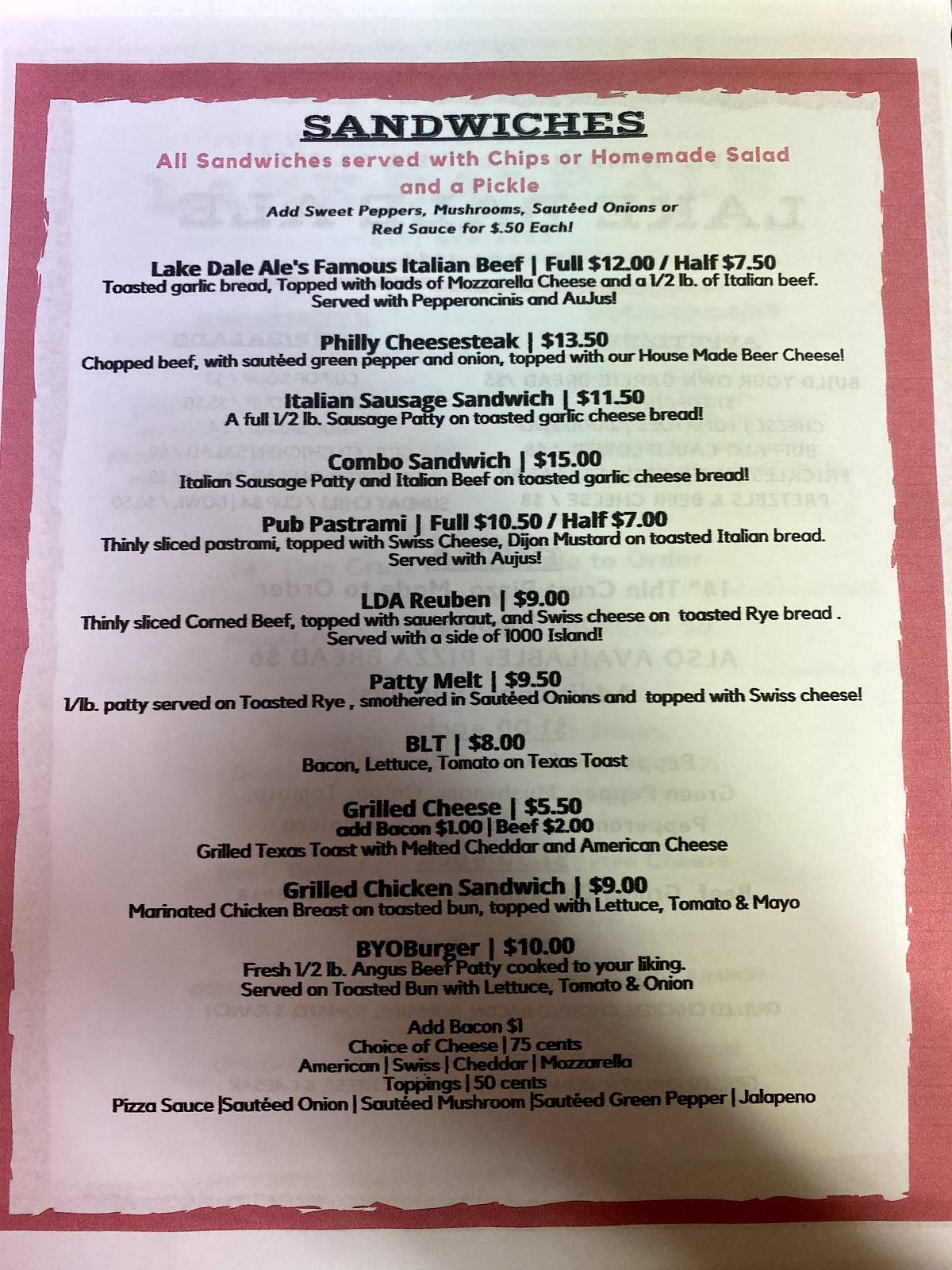 Menu at Lake Dale Ale pub & bar, Lowell