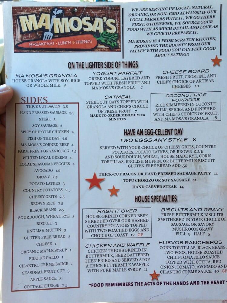 Menu at Ma Mosa's restaurant, Grants Pass