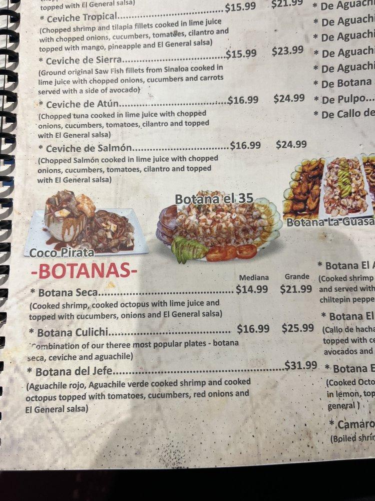 Menu at Mariscos El General restaurant, Pasadena, Spencer Hwy
