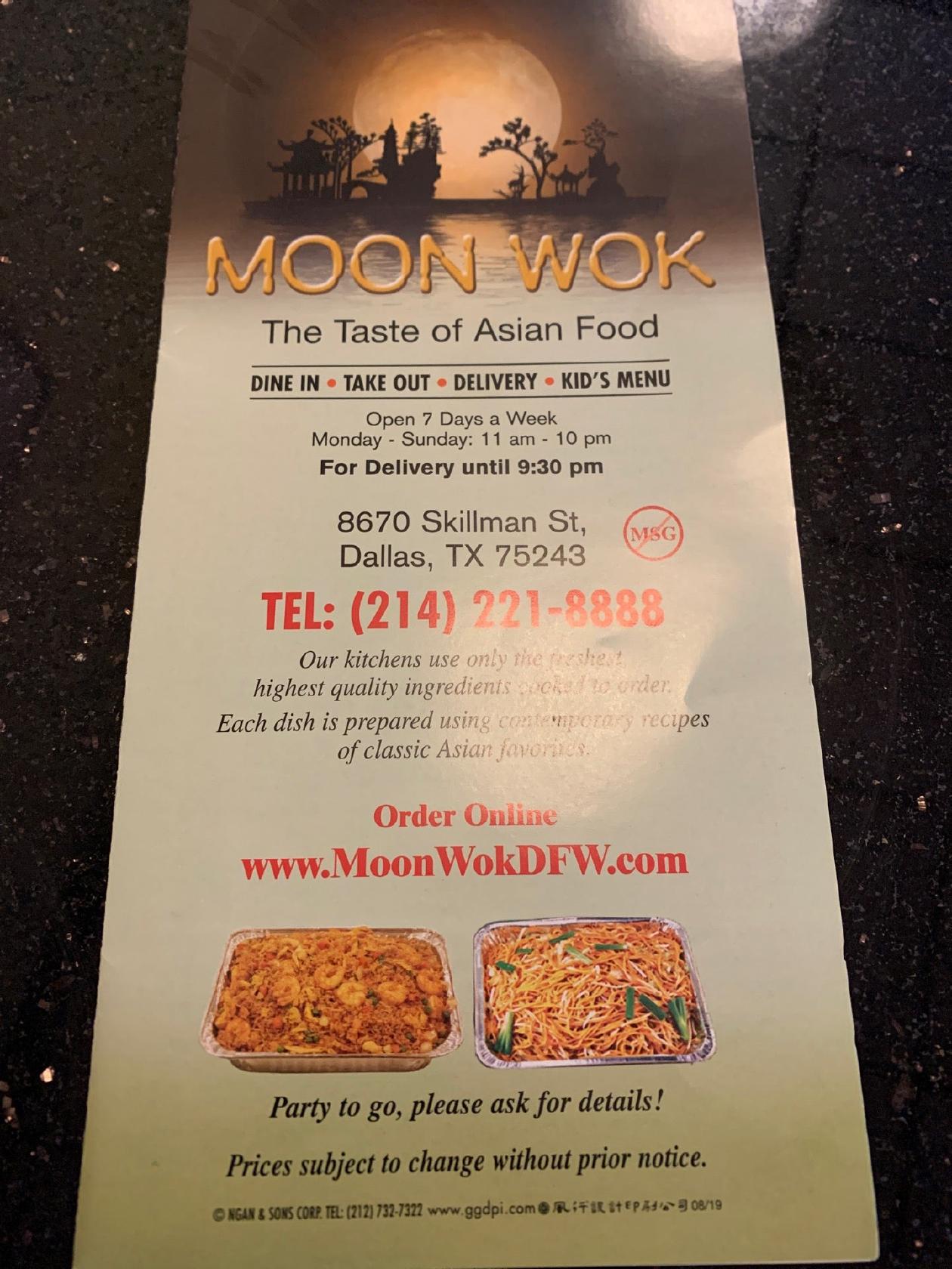 Menu at Moon Wok restaurant, Dallas, Skillman St