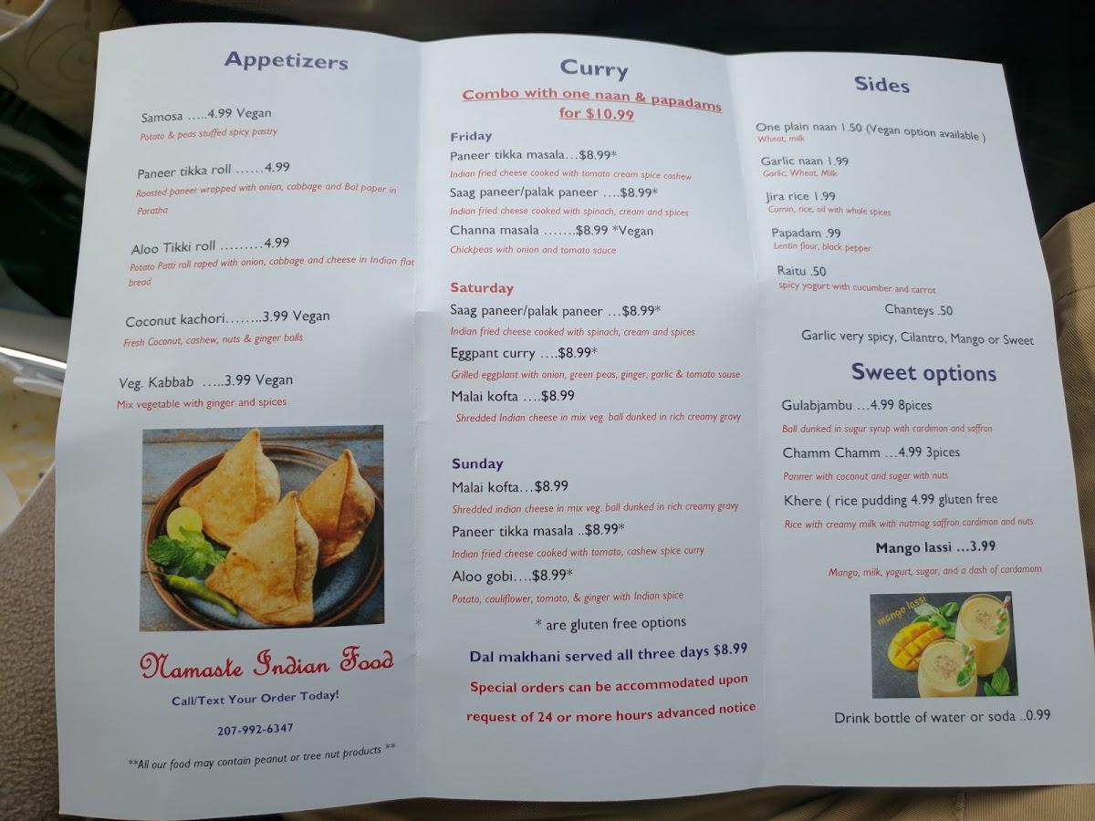 Menu at Namaste Indian Vegetarian Take Out Food restaurant, Rockport