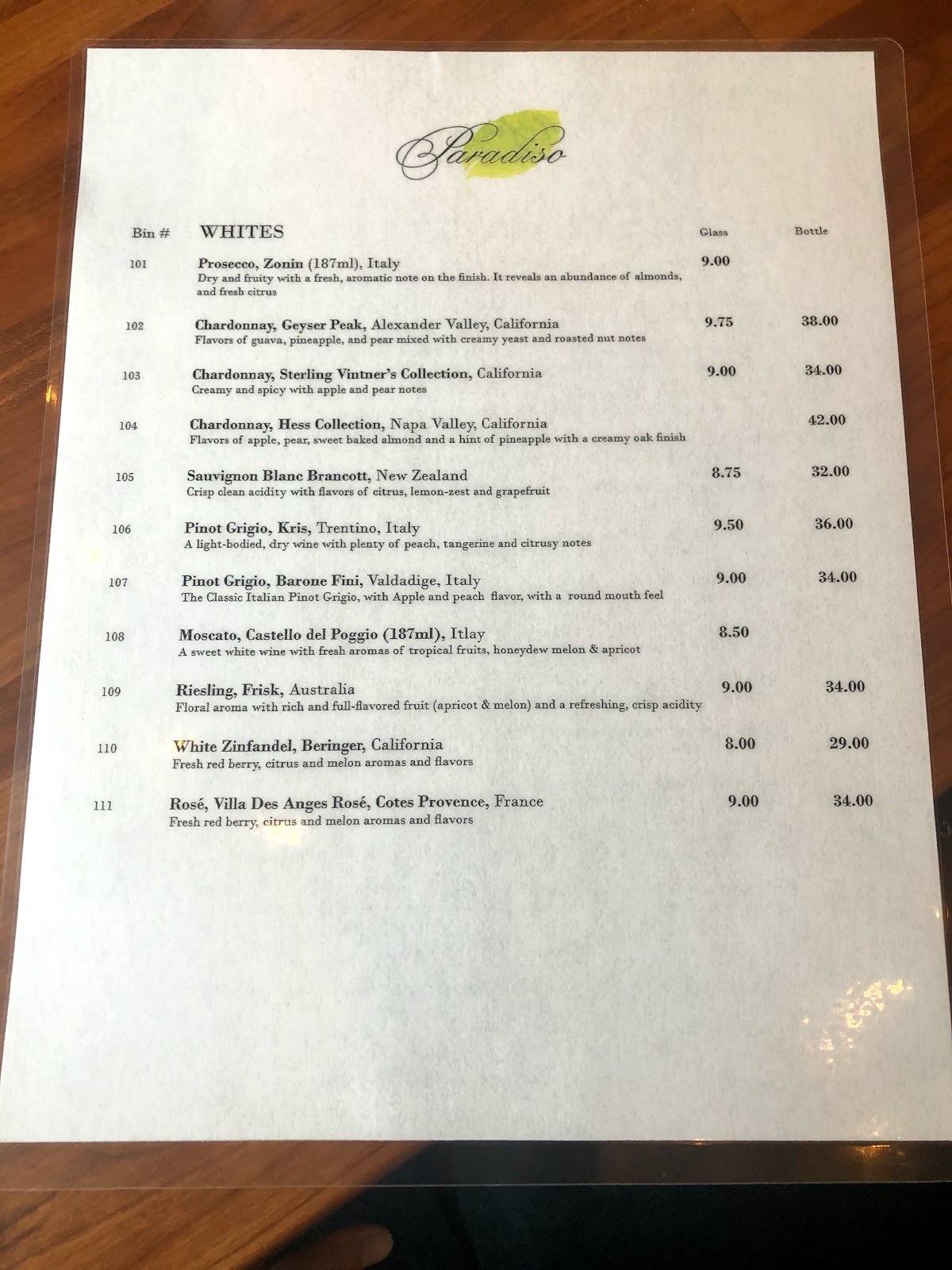 Menu at Paradiso Ristorante restaurant, Swampscott
