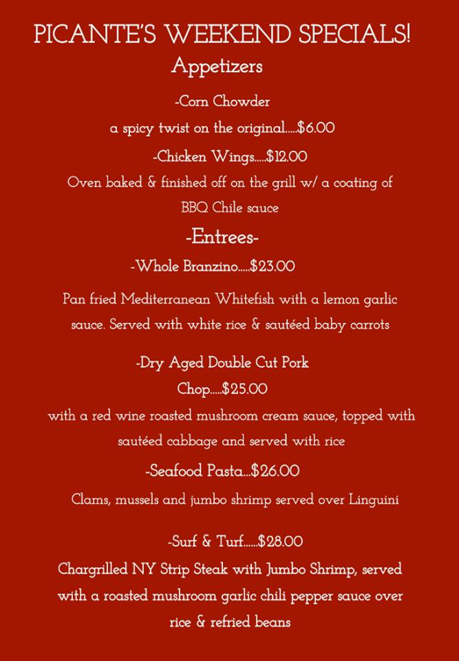 Menu at Picante’s Canaan restaurant, Canaan