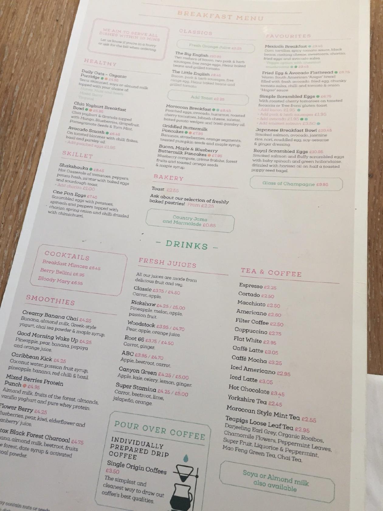 Menu at Wondertree cafe, Hounslow, Heathrow Airport