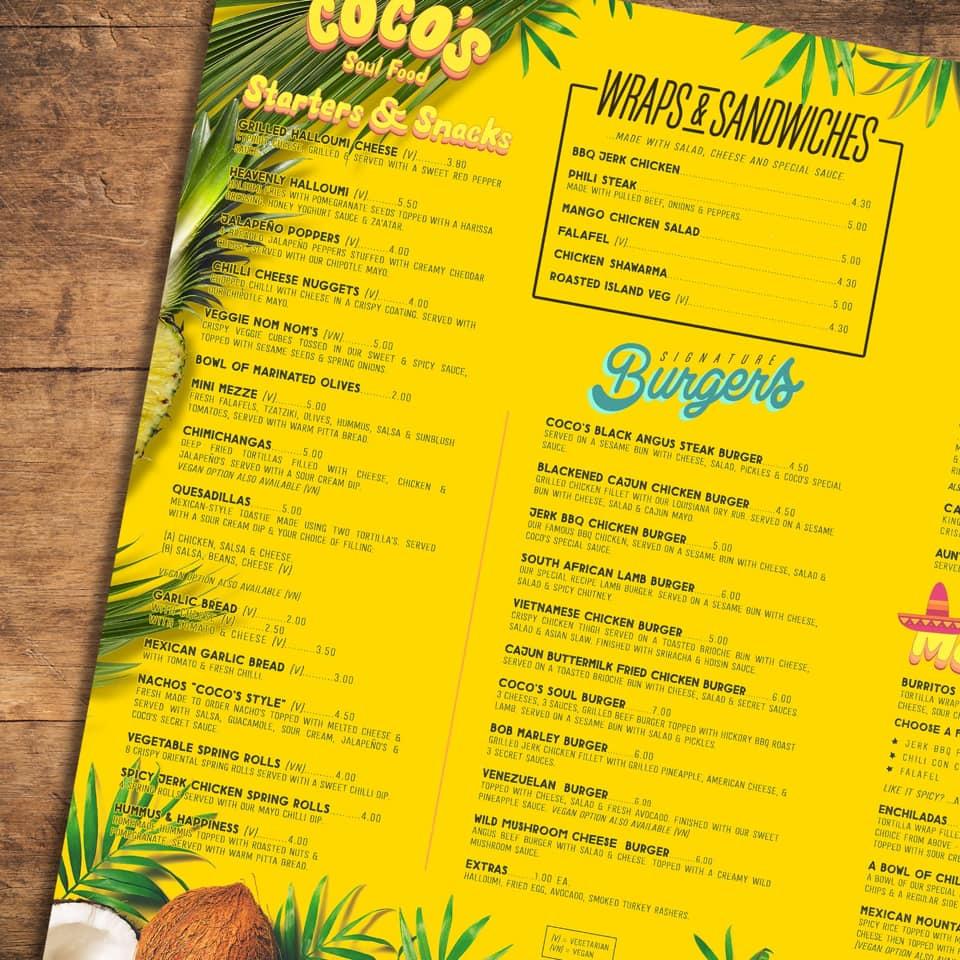 Carta del café Coco's Soul Food, Preston