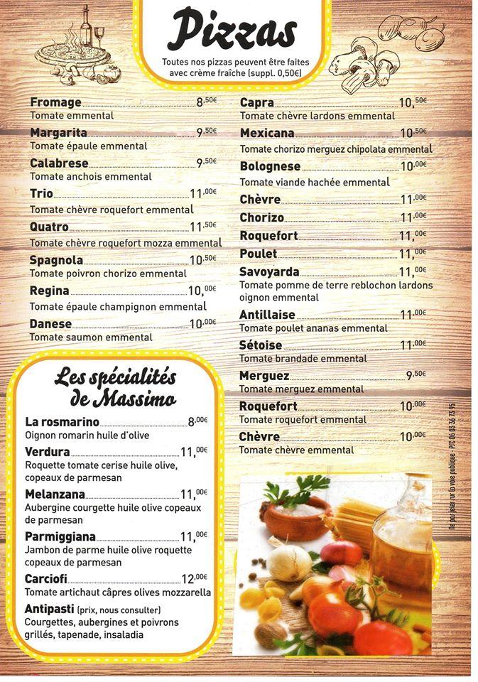 Menu at DA Massimo restaurant, Calvisson, Route d Aigues Vives