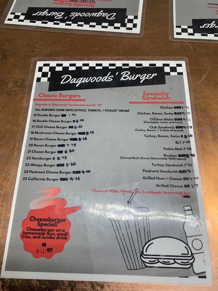 Menu at Dagwood's Burgers restaurant, Klamath Falls